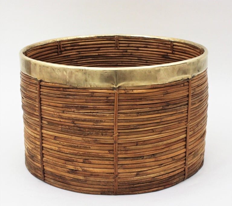Italian 1970s Extra Large Rattan Round Planter with Brass Rim For Sale ...