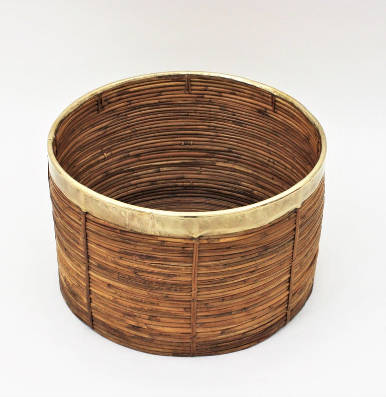 Italian 1970s Extra Large Rattan Round Planter with Brass Rim For Sale ...