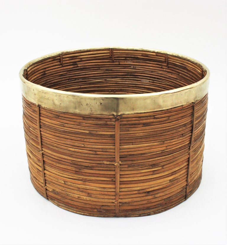 Italian 1970s Extra Large Rattan Round Planter with Brass Rim For Sale ...