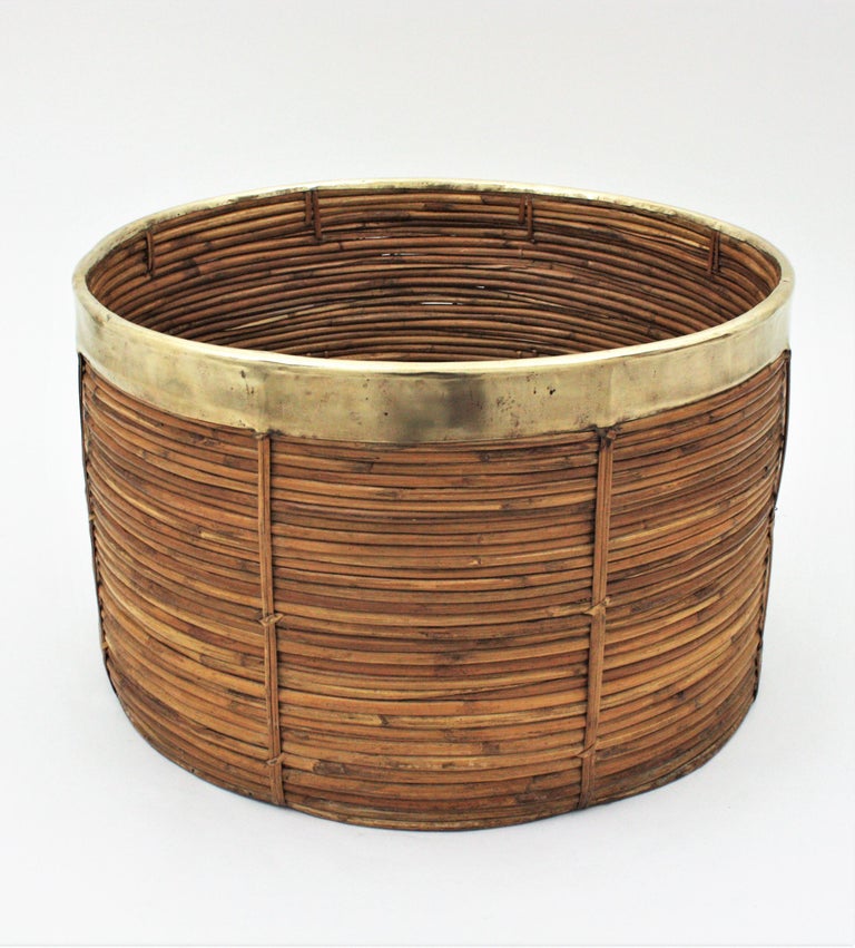 Italian 1970s Extra Large Rattan Round Planter with Brass Rim For Sale ...