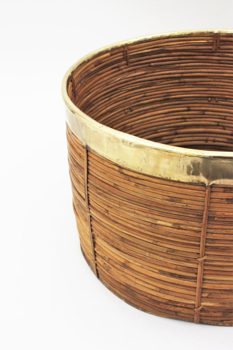 Italian 1970s Extra Large Rattan Round Planter with Brass Rim For Sale ...