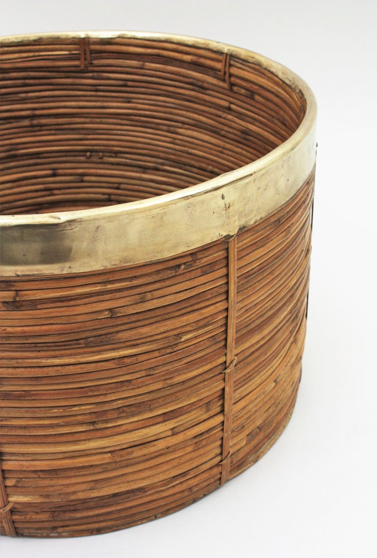 Italian 1970s Extra Large Rattan Round Planter with Brass Rim For Sale ...