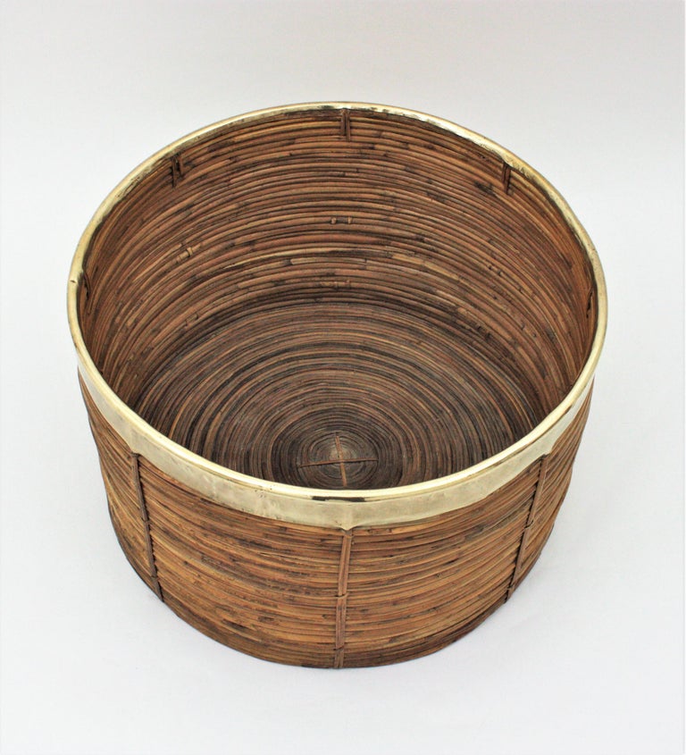 Italian 1970s Extra Large Rattan Round Planter with Brass Rim For Sale ...