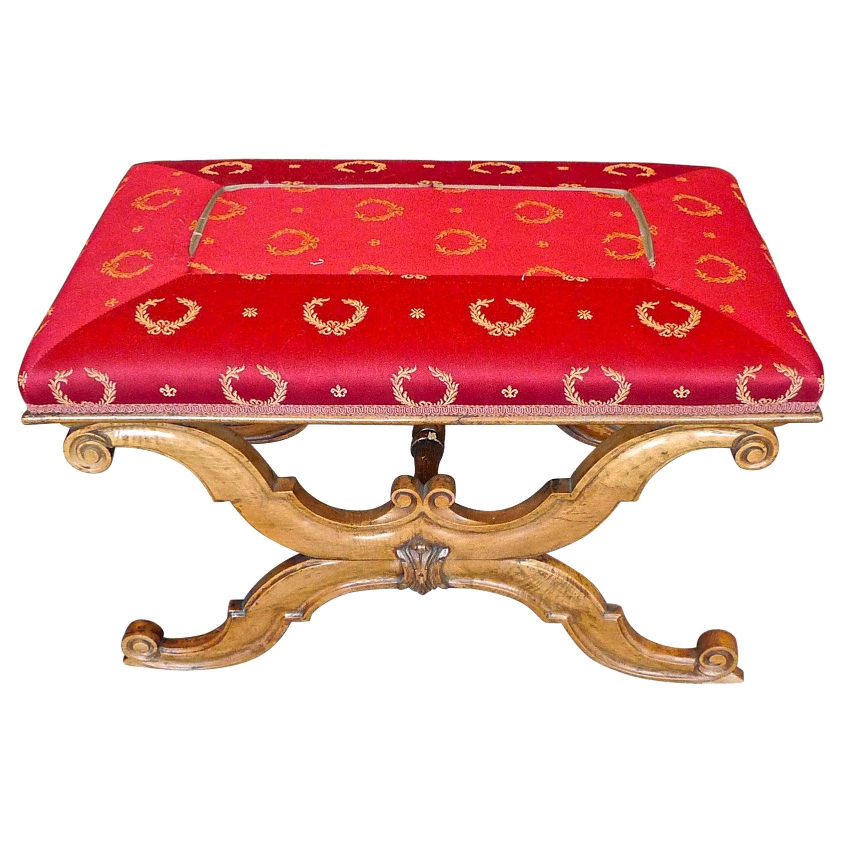 Midcentury Italian Baroque Carved Walnut Ottoman Bench with Red Velvet ...