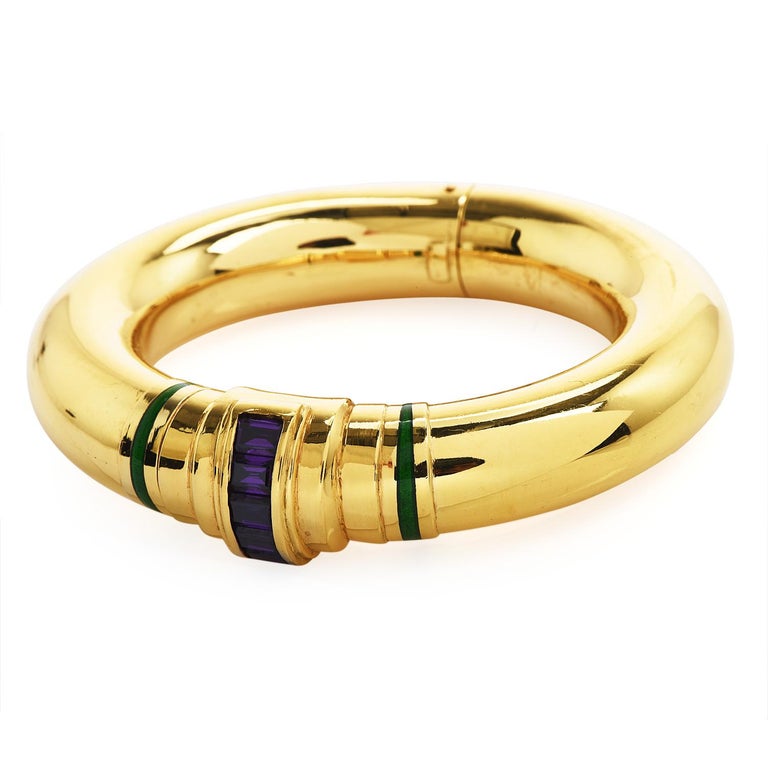 Italian Amethyst 18K Yellow Gold Bold Wide Bangle Bracelet For Sale at 1stDibs