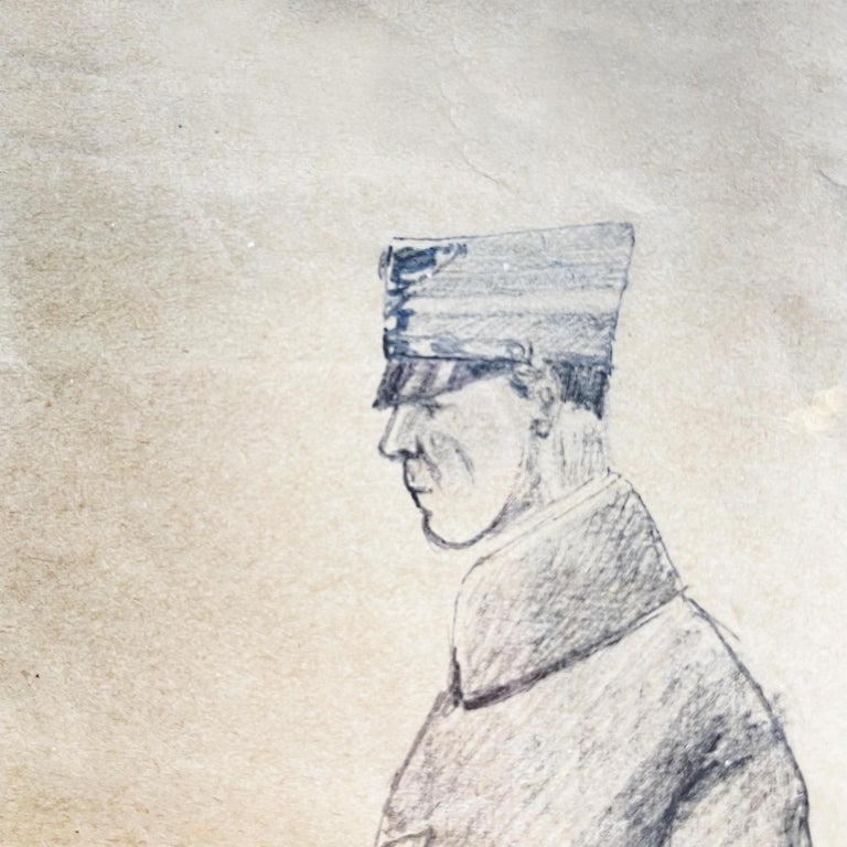 Italian Antique Picture Pencil Drawing on Paper of a Man, in Wooden ...
