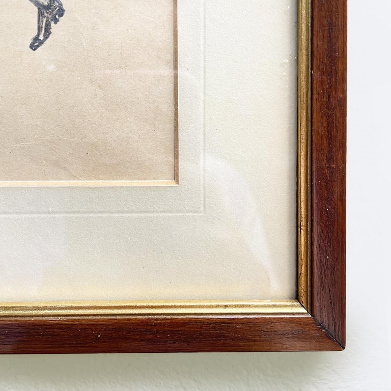 Italian Antique Picture Pencil Drawing on Paper of a Man, in Wooden ...