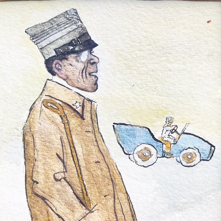Italian Midcentury Picture Watercolor Ink Drawing of a Man in Wooden ...