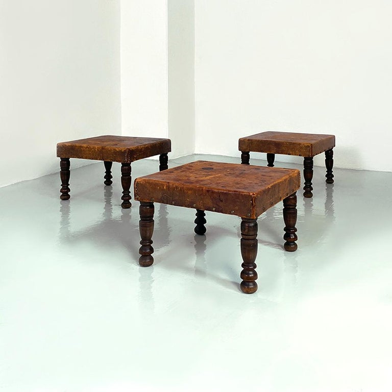 Italian Antique Walnut and Leather Footstools or Small Tables, 1930s ...