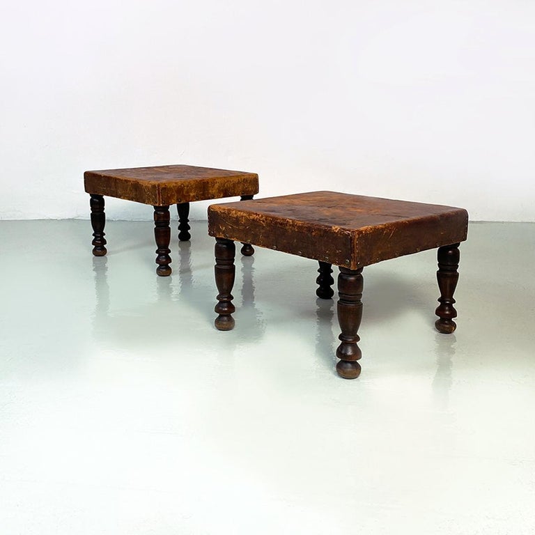 Italian Antique Walnut and Leather Footstools or Small Tables, 1930s ...