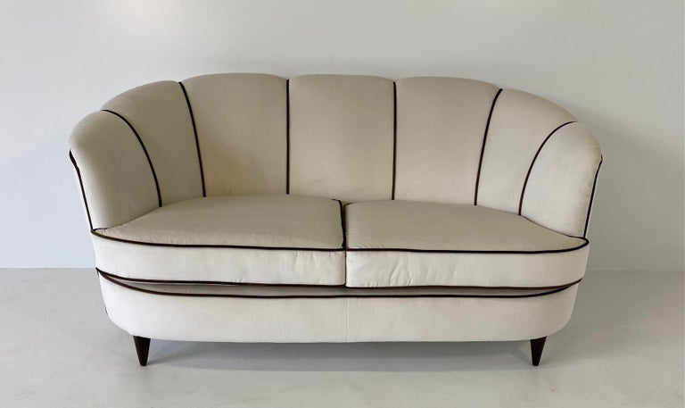 Italian Art Deco Beige and Brown Velvet Sofa, 1940s For Sale at 1stDibs