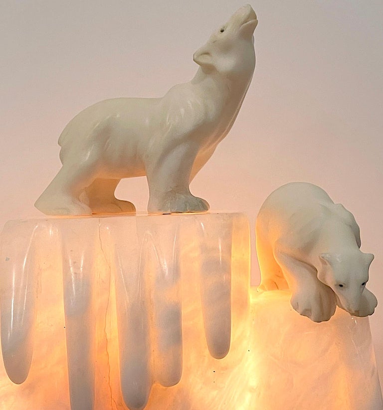 Italian Art Deco Carved Marble and Alabaster Polar Bear Motif Lamp For ...