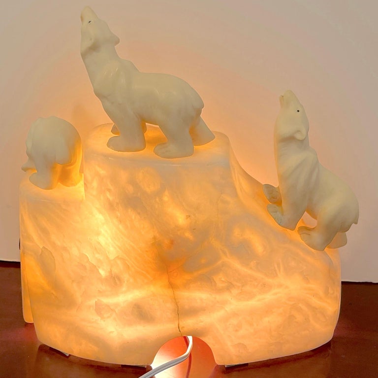 Italian Art Deco Carved Marble and Alabaster Polar Bear Motif Lamp For ...