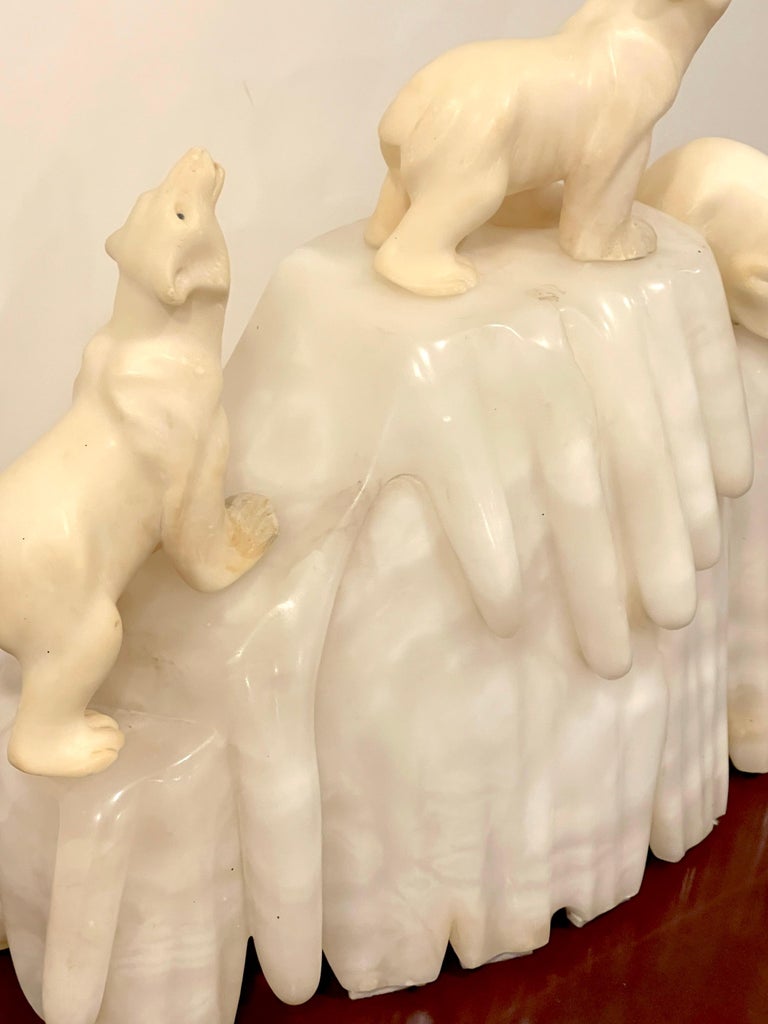 Italian Art Deco Carved Marble and Alabaster Polar Bear Motif Lamp For ...
