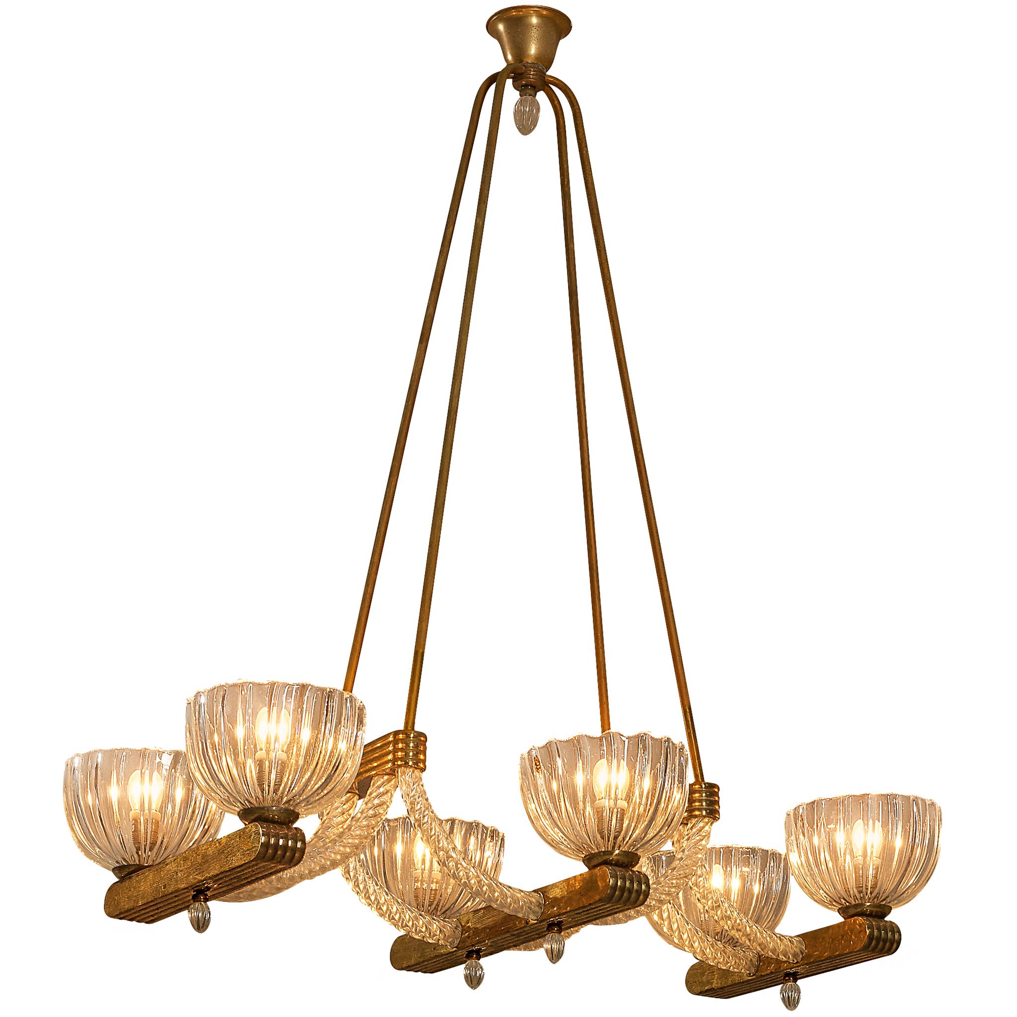 Italian Art Deco Chandelier in Glass and Brass For Sale at 1stDibs