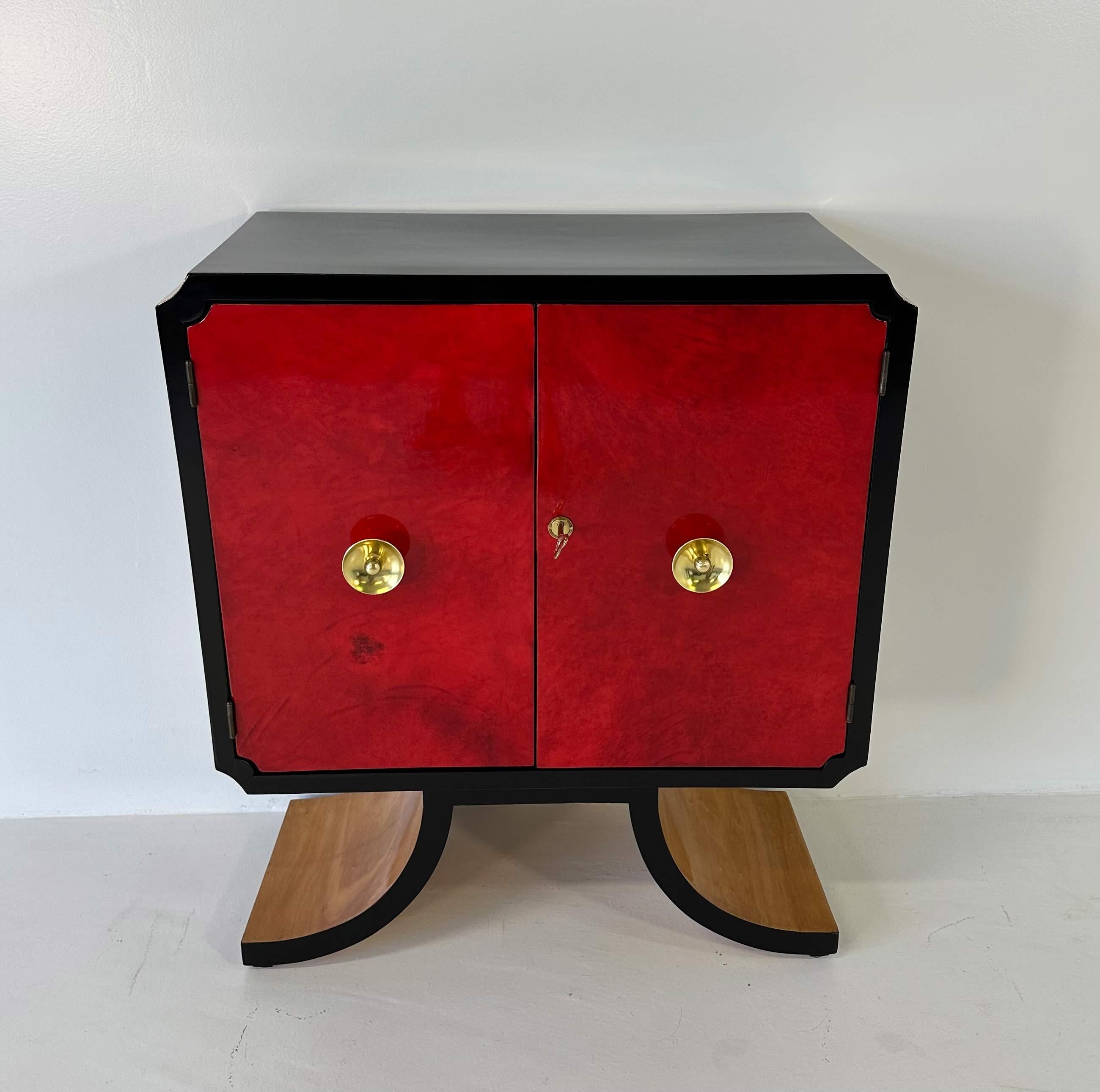 Italian Art Deco Cherry Red Parchment, Maple, Black Lacquer Bar Cabinet ...