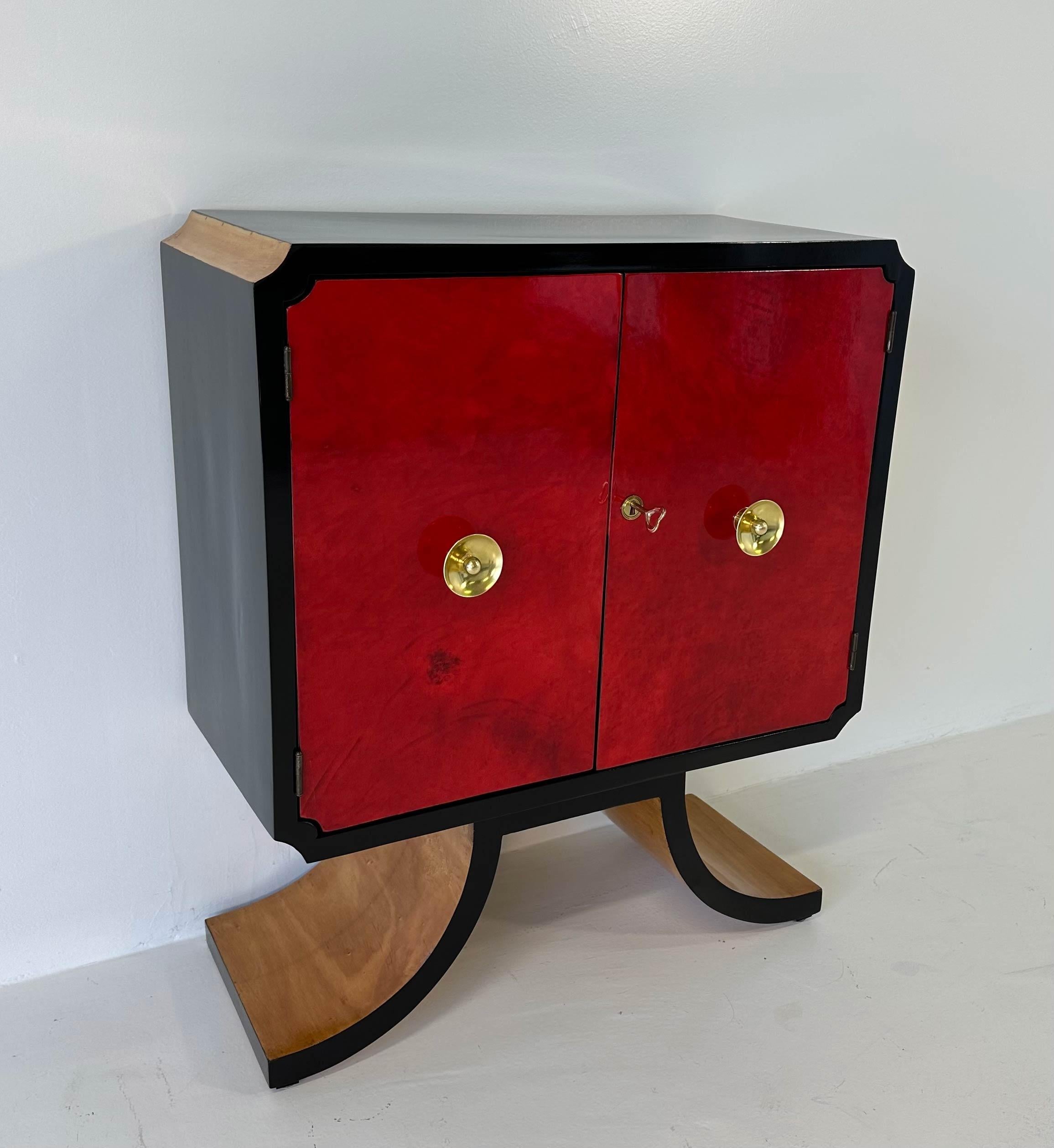 Italian Art Deco Cherry Red Parchment, Maple, Black Lacquer Bar Cabinet ...