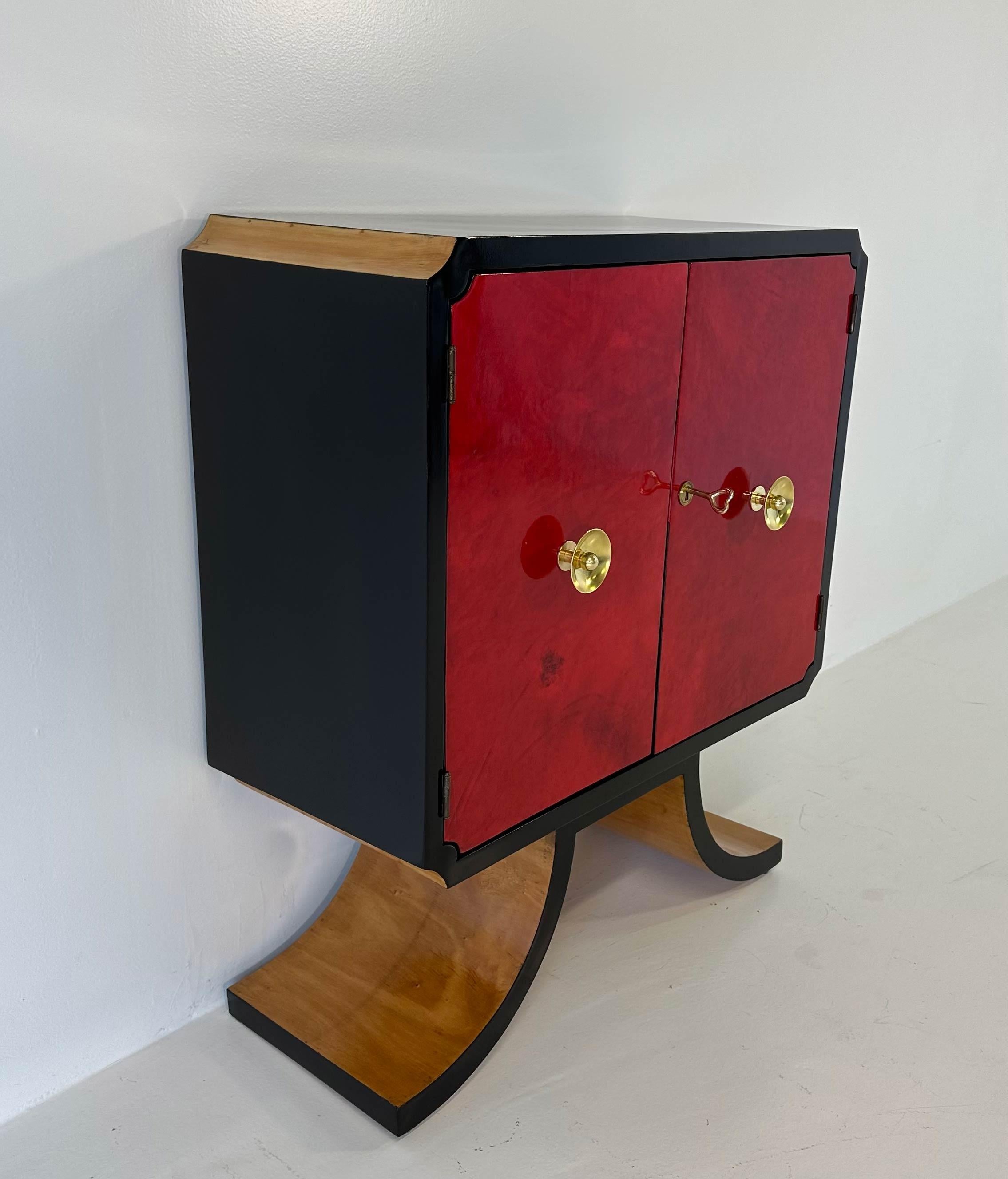 Italian Art Deco Cherry Red Parchment, Maple, Black Lacquer Bar Cabinet ...
