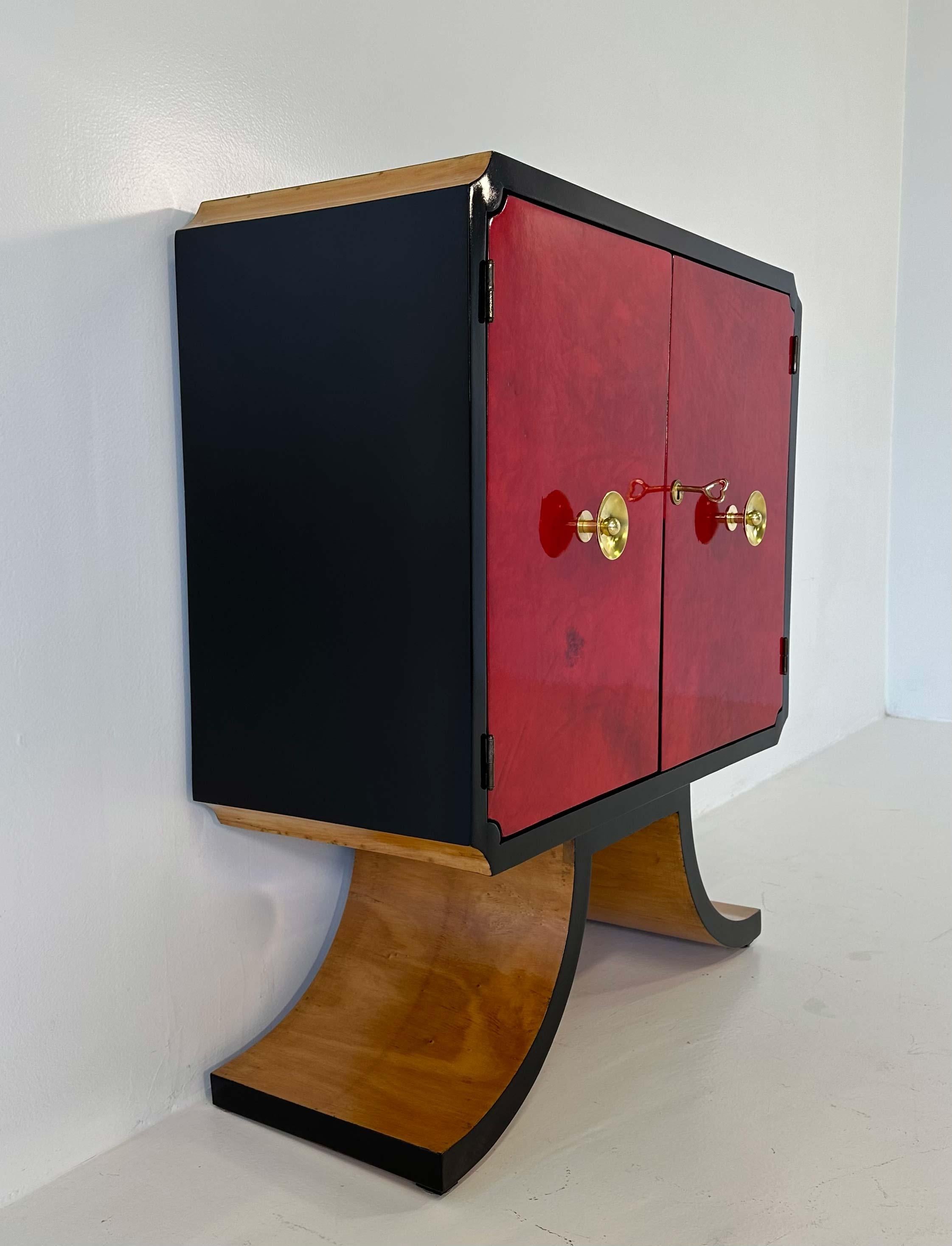Italian Art Deco Cherry Red Parchment, Maple, Black Lacquer Bar Cabinet ...
