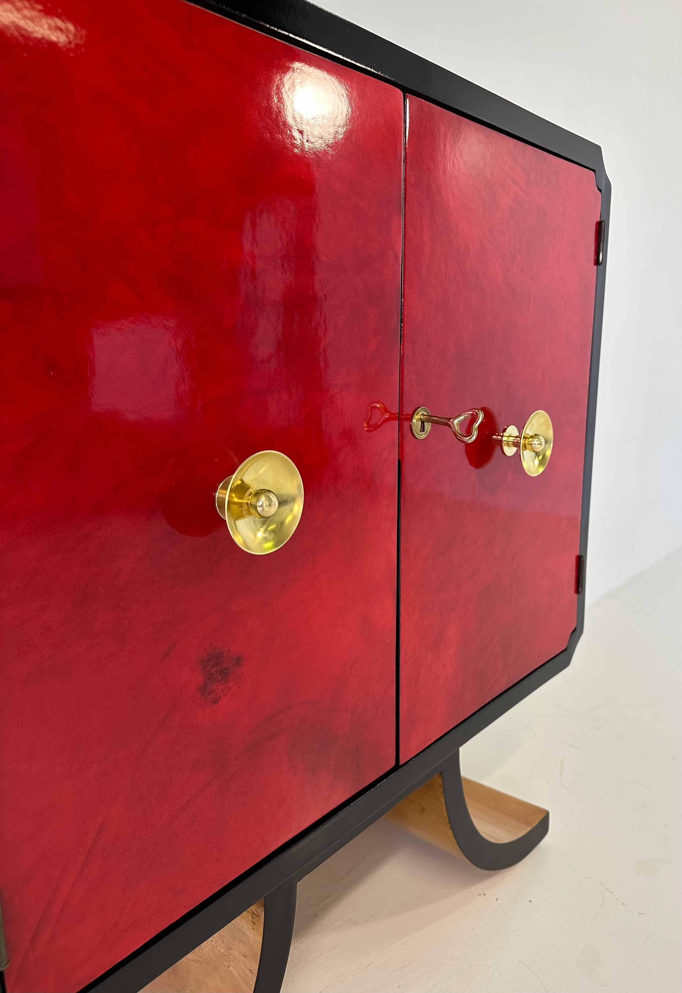 Italian Art Deco Cherry Red Parchment, Maple, Black Lacquer Bar Cabinet ...