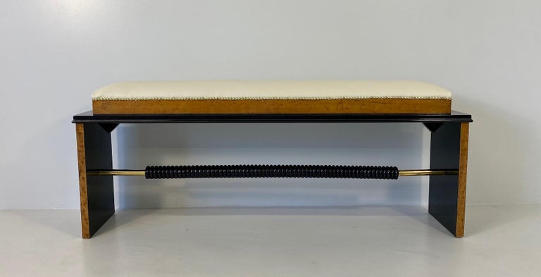 Italian Art Deco Faux Cream Leather, Maple Burl and Black Lacquer Bench ...