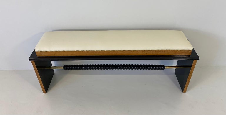 Italian Art Deco Faux Cream Leather, Maple Burl and Black Lacquer Bench ...