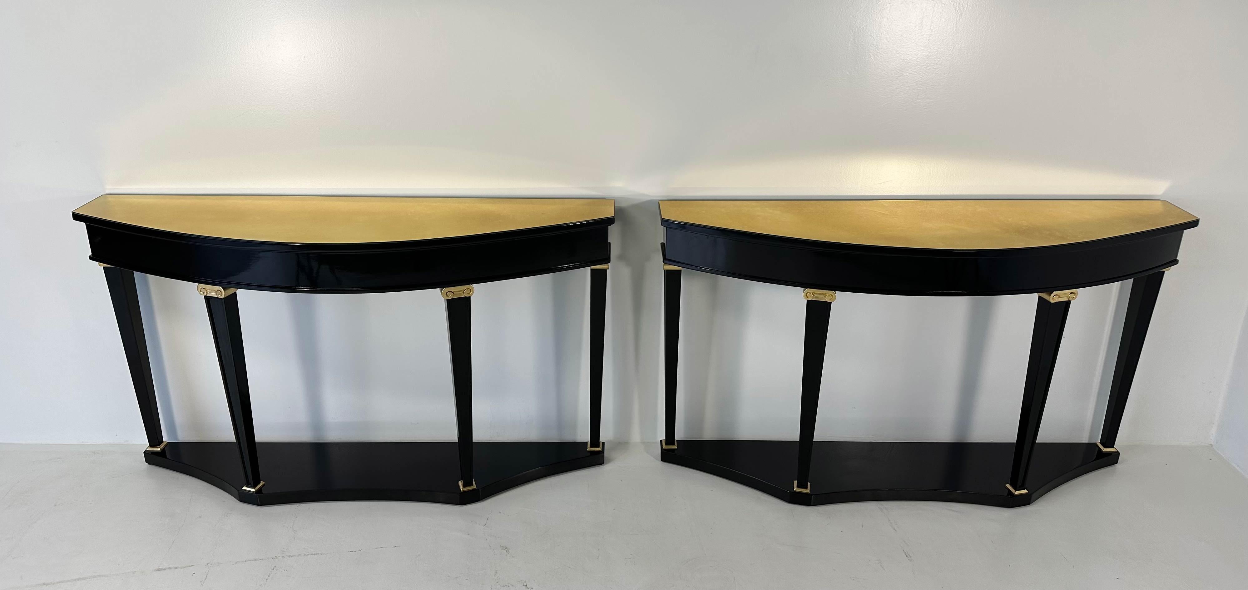 Italian Art Deco Gold Mirror, Black and Gold Leaf Twin Consoles, Versace style For Sale at 1stDibs