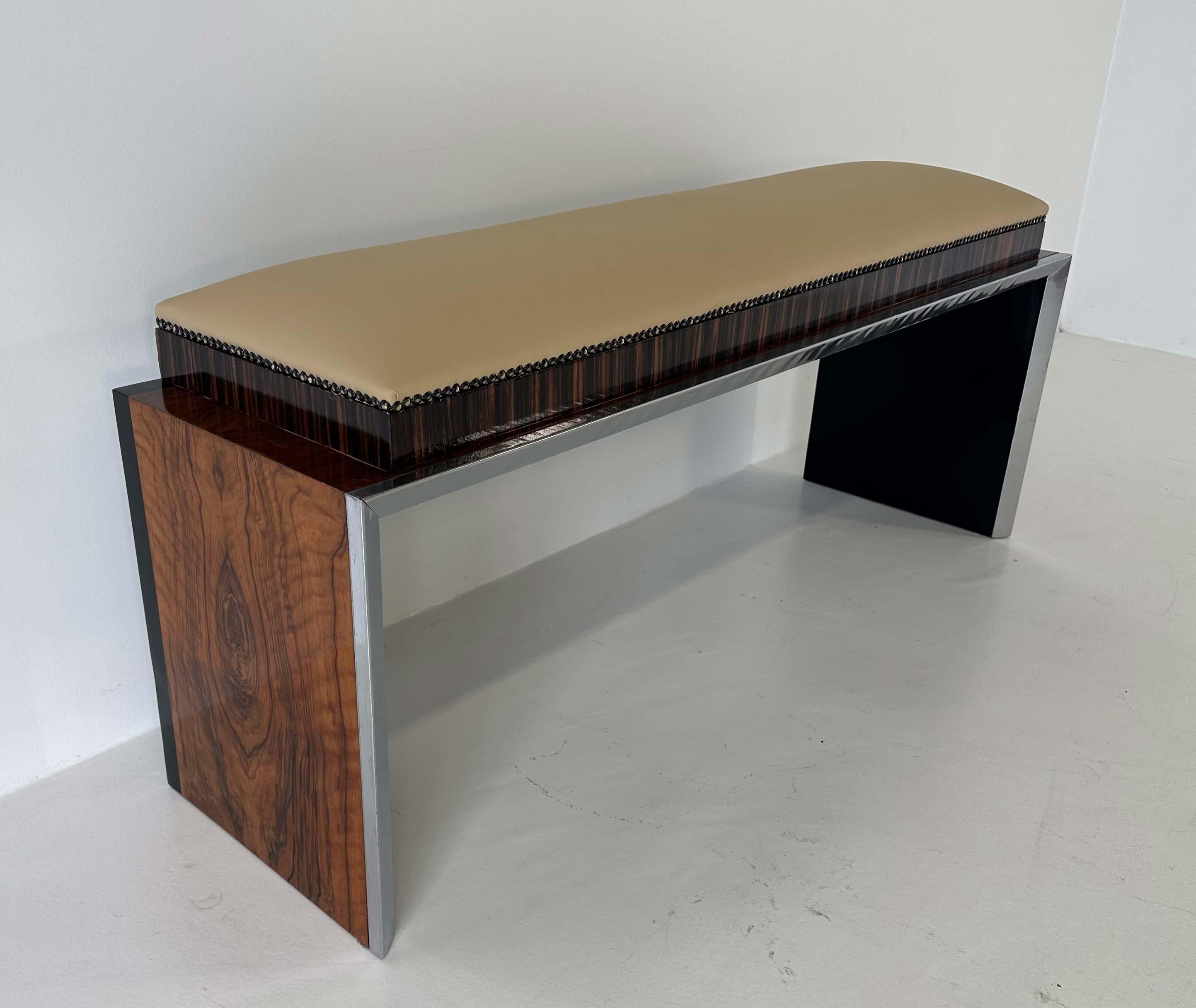 Italian Art Deco Macassar, Black Lacquer, Chrome and Beige Leather ...