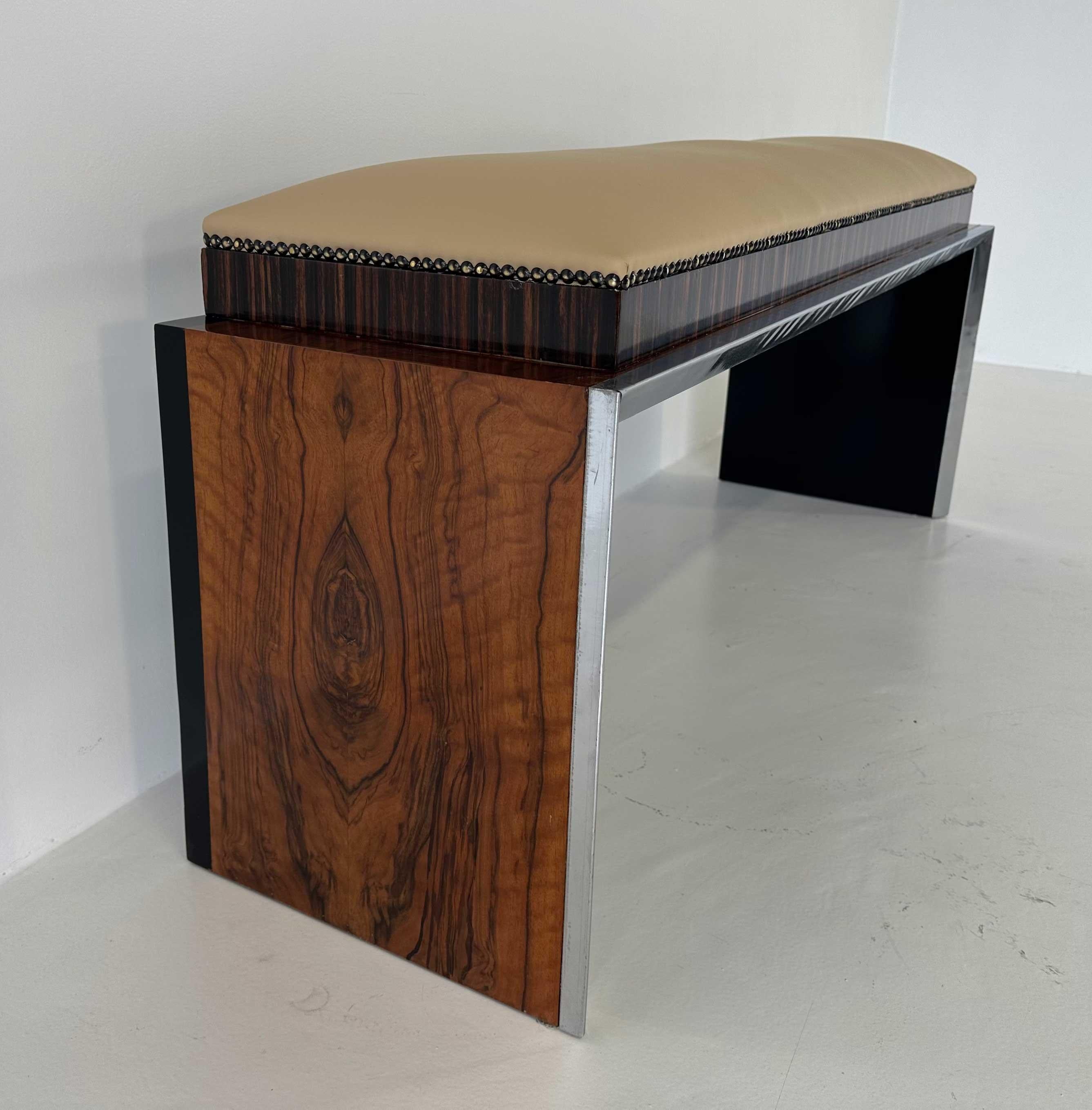 Italian Art Deco Macassar, Black Lacquer, Chrome and Beige Leather ...