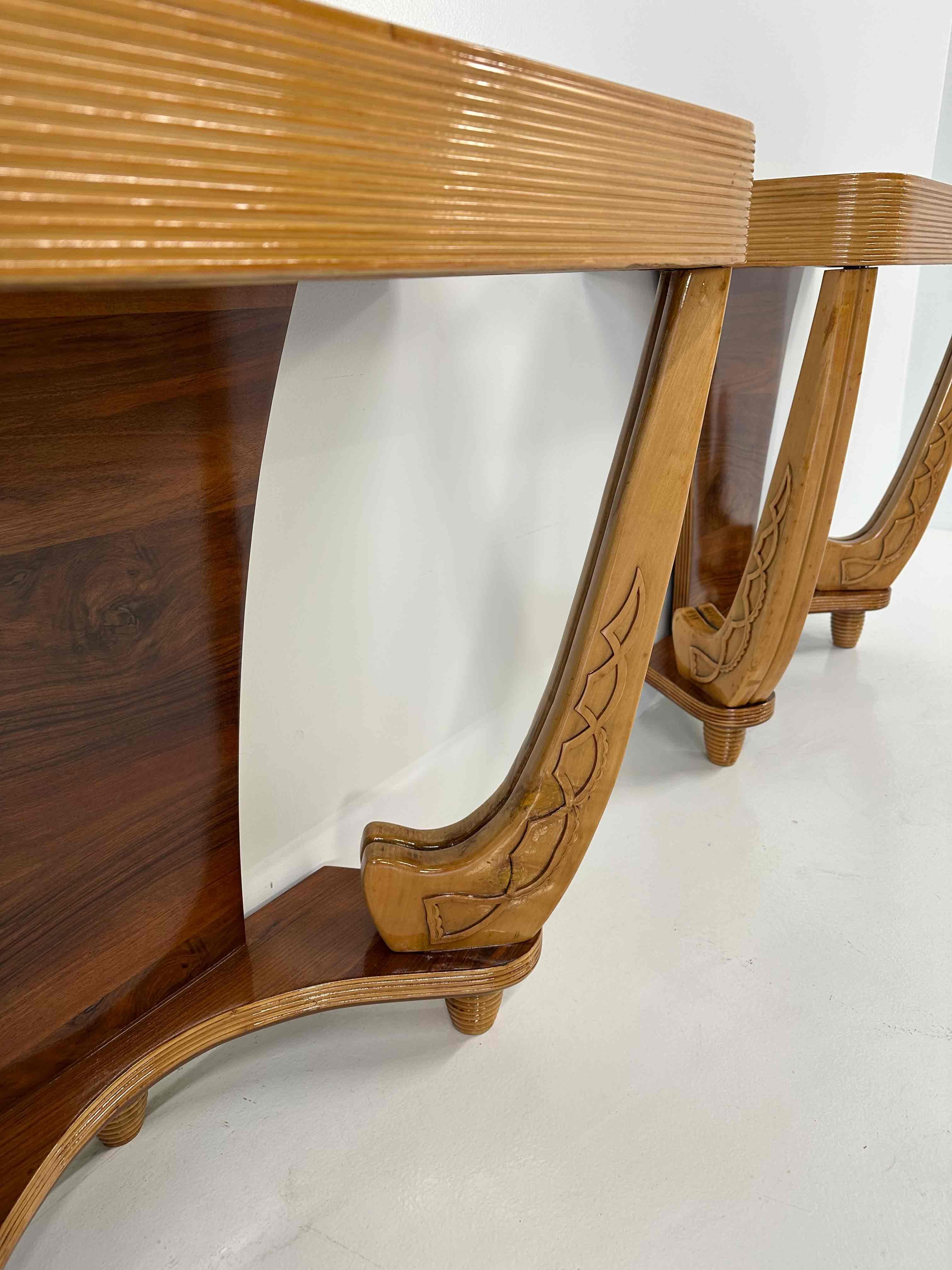 Italian Art Deco Pair of Walnut and Maple Consoles, Attr. to Colli ...