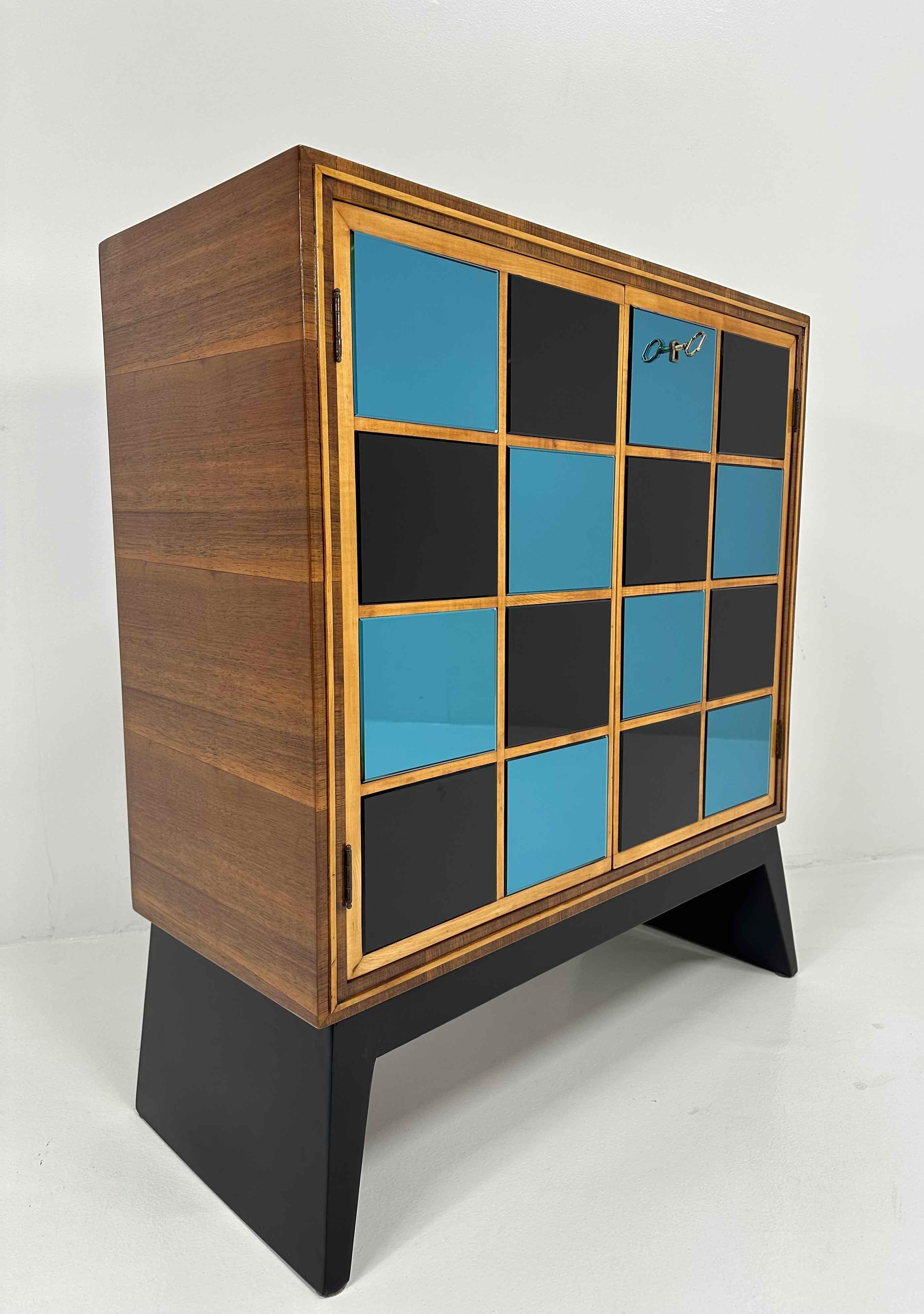 Italian Art Deco Walnut, Black and Acquamarine Mirrors Bar Cabinet ...