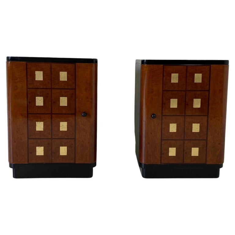Italian Art Deco Walnut Briar, Black Lacquer and Gold Leaf Nightstands ...