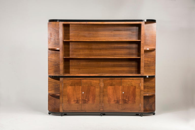 Italian Art Deco Walnut Wood Rounded Edges Bookcase at 1stDibs