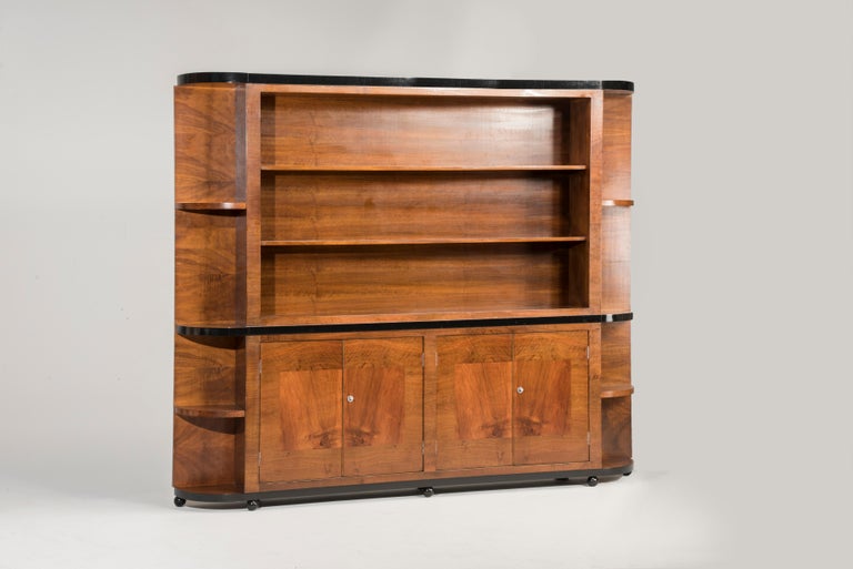 Italian Art Deco Walnut Wood Rounded Edges Bookcase at 1stDibs
