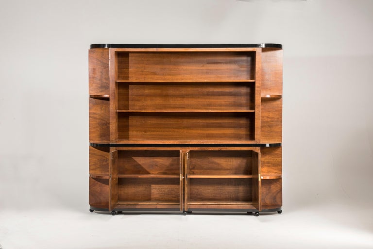 Italian Art Deco Walnut Wood Rounded Edges Bookcase at 1stDibs
