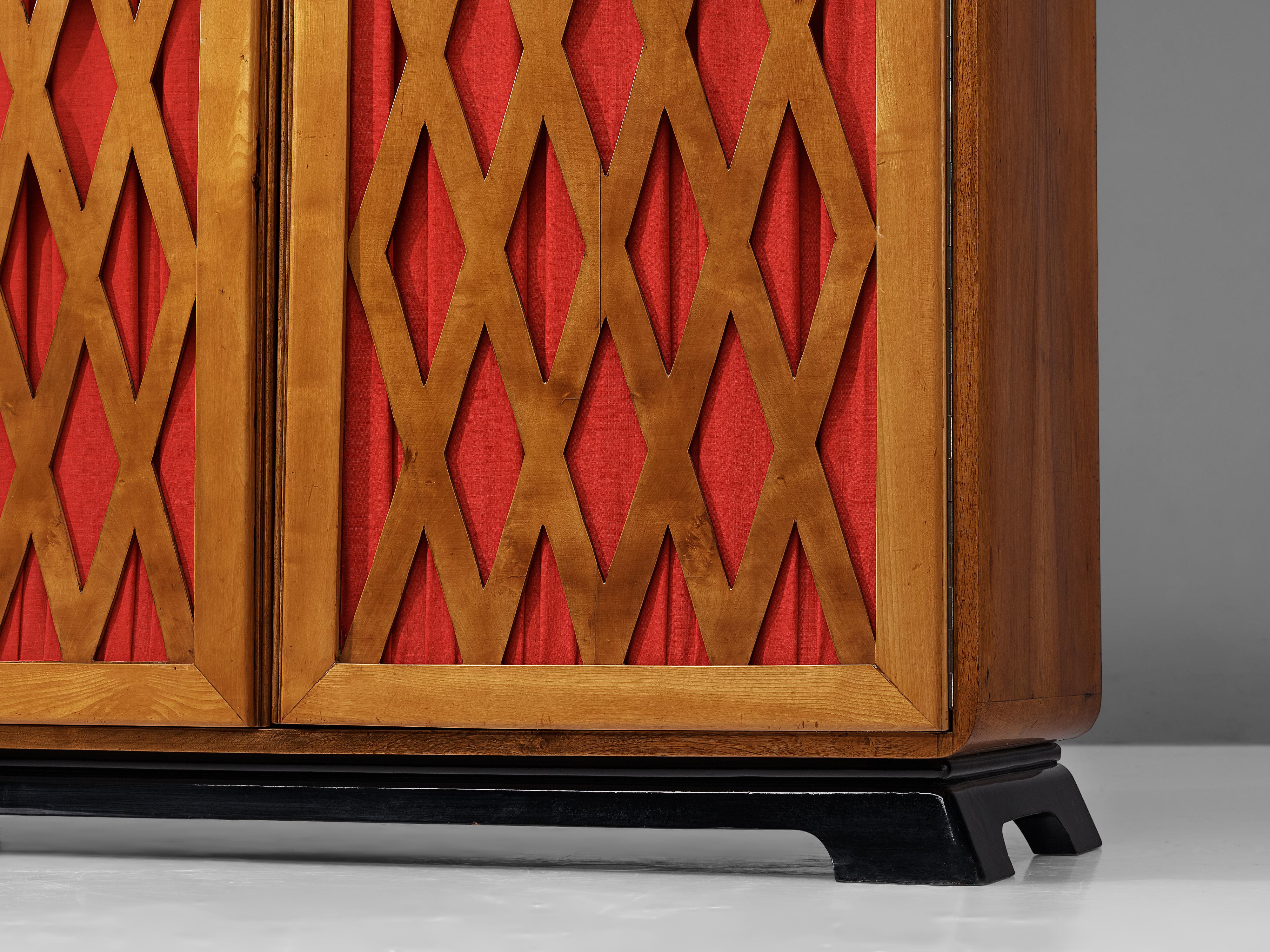 Italian Art Deco Highboard in Walnut and Red Upholstery For Sale at 1stDibs