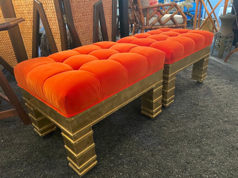 Italian Artisan Crafted Brass and Velvet Benches on Casters, '4 Avail ...