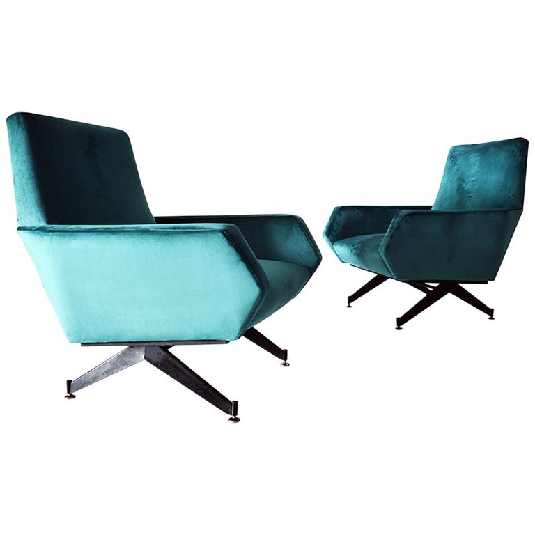 Italian Back Metal Legs and Green Velvet Armchairs, 1960s at 1stDibs