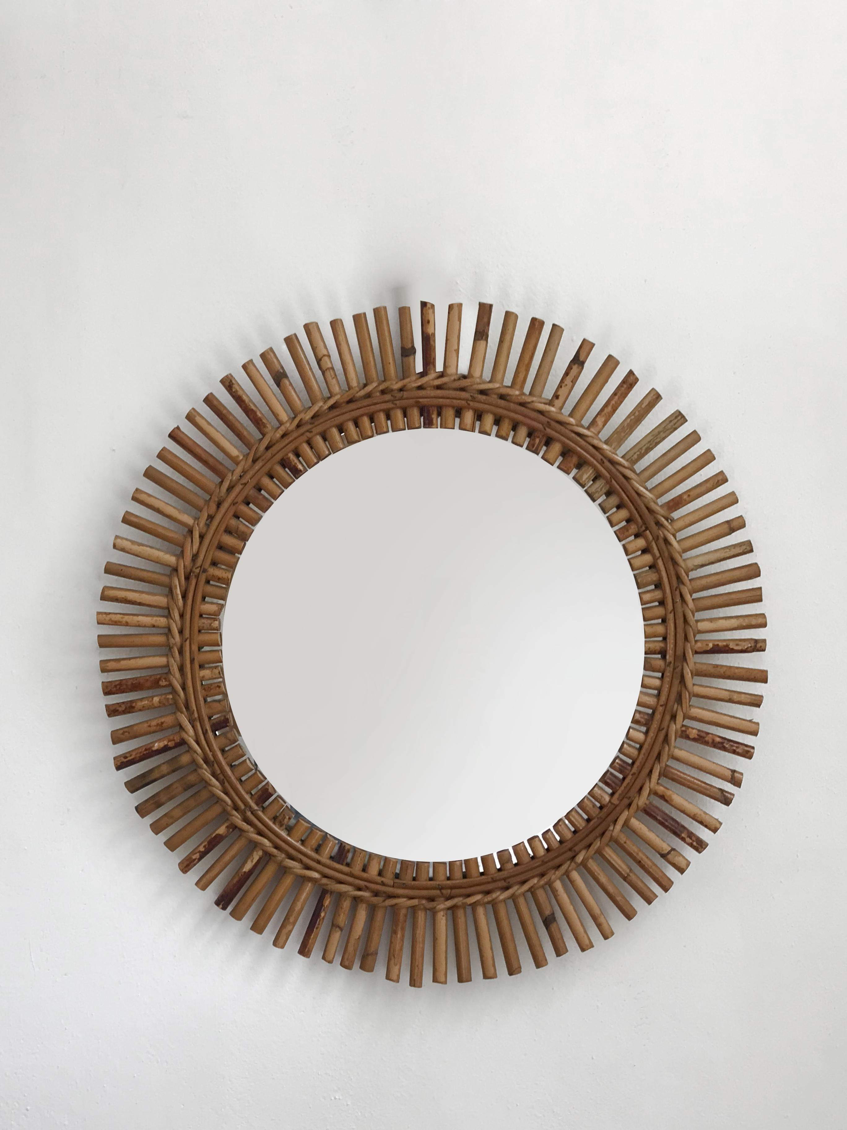 Italian Bamboo Rattan Circle Wall Mirror, 1960s at 1stDibs