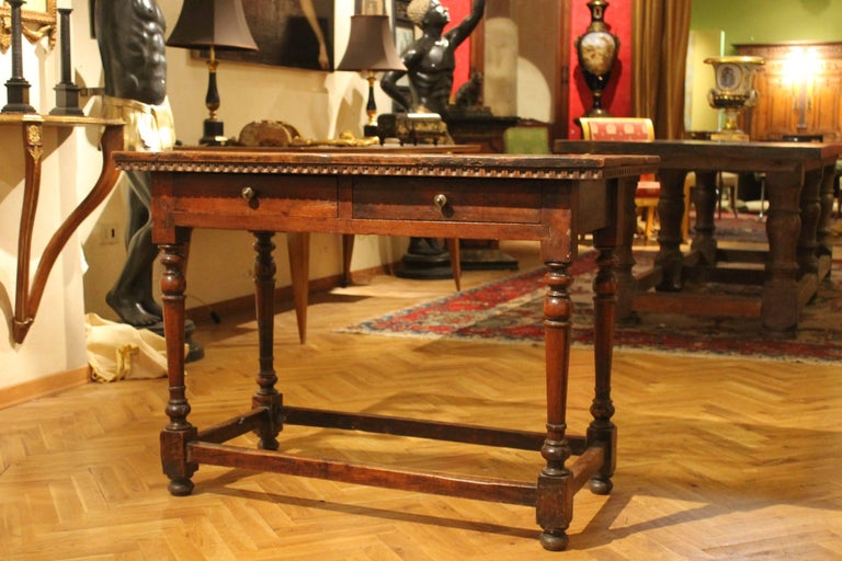 Italian Baroque Rectangular Rustic Walnut Wood Trestle Table For Sale at 1stdibs