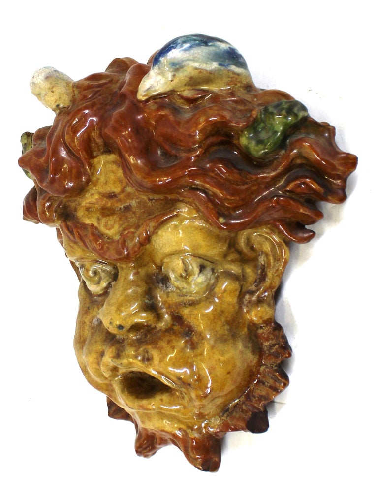 Italian Baroque Revival Glazed Terracotta Puck Mask For Sale at 1stDibs