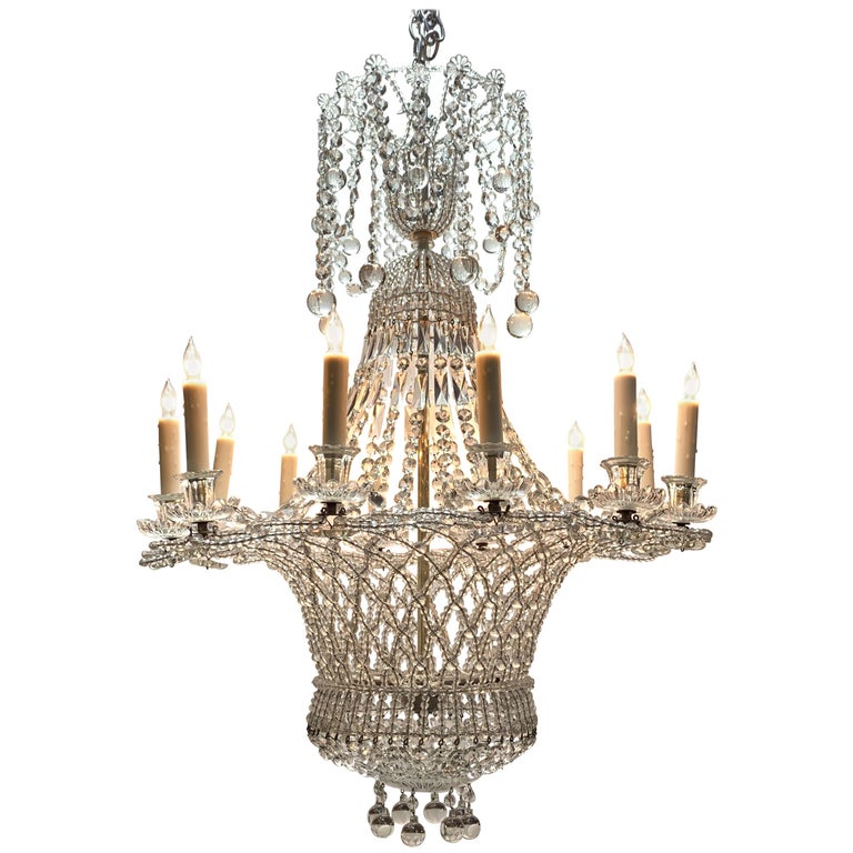 Italian Beaded Crystal 12-Light Basket Form Chandelier For Sale at 1stDibs