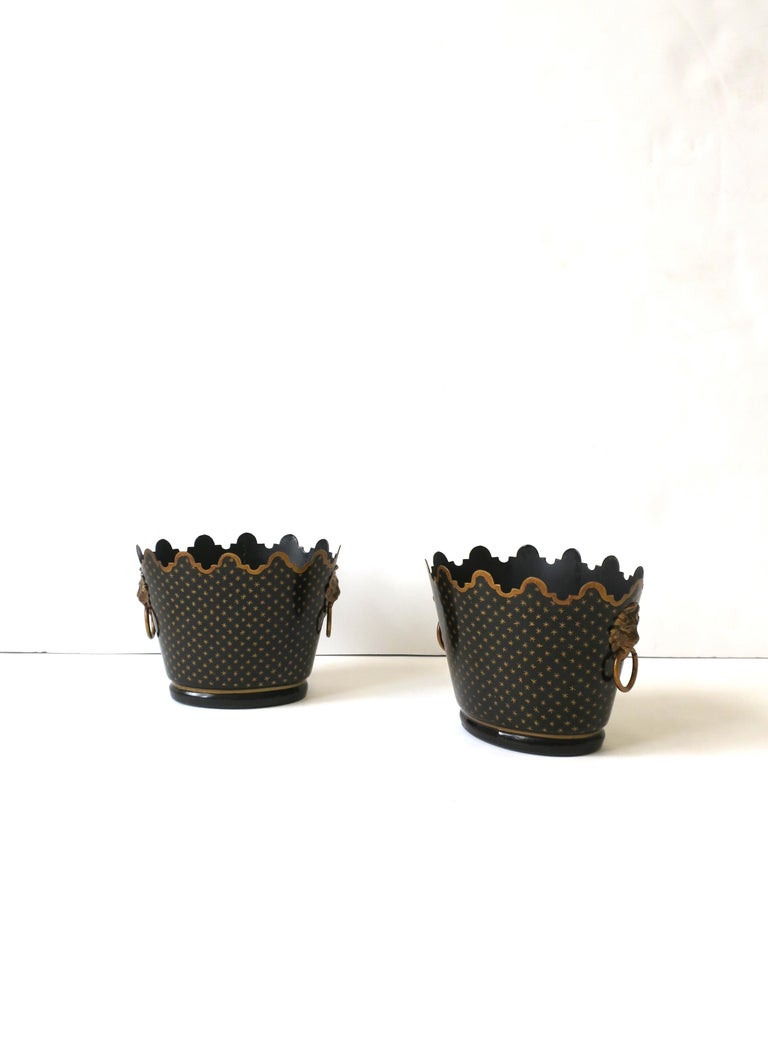 Italian Black and Gold Tole Cachepot Jardiniere Lion Head Planters ...