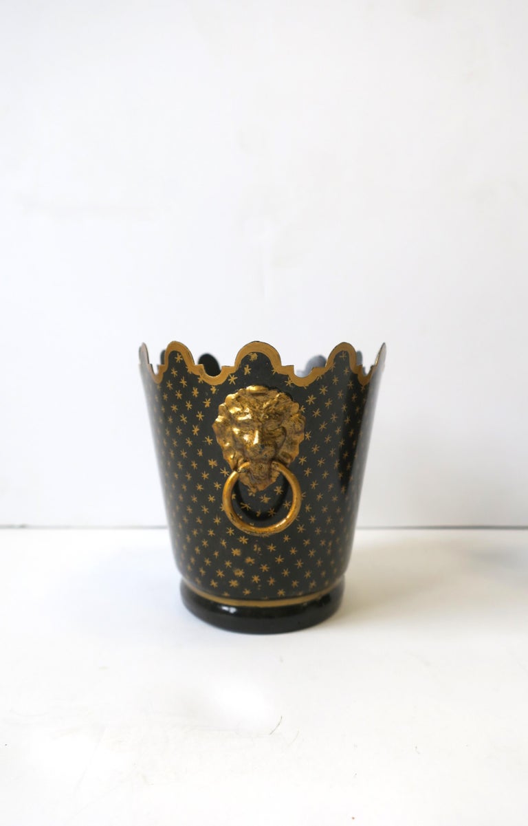 Italian Black and Gold Tole Cachepot Jardiniere Lion Head Planters ...