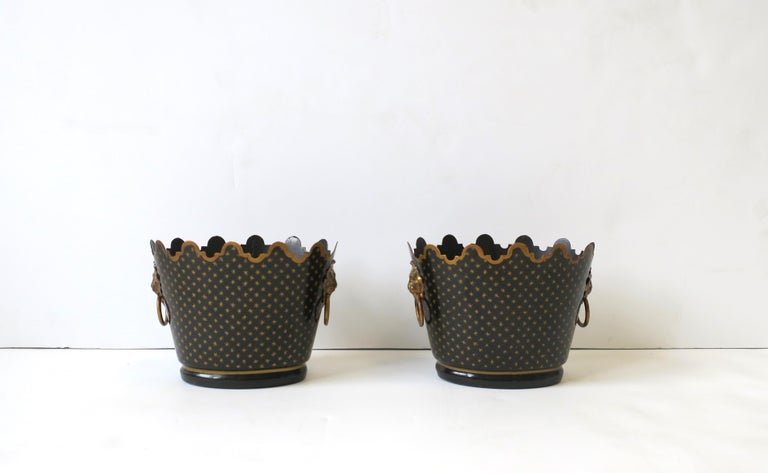Italian Black and Gold Tole Cachepot Jardiniere Lion Head Planters ...