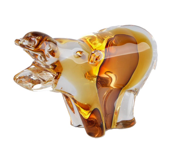 Italian Blown Murano Art Glass Hippopotamus in Clear and Amber Glass ...