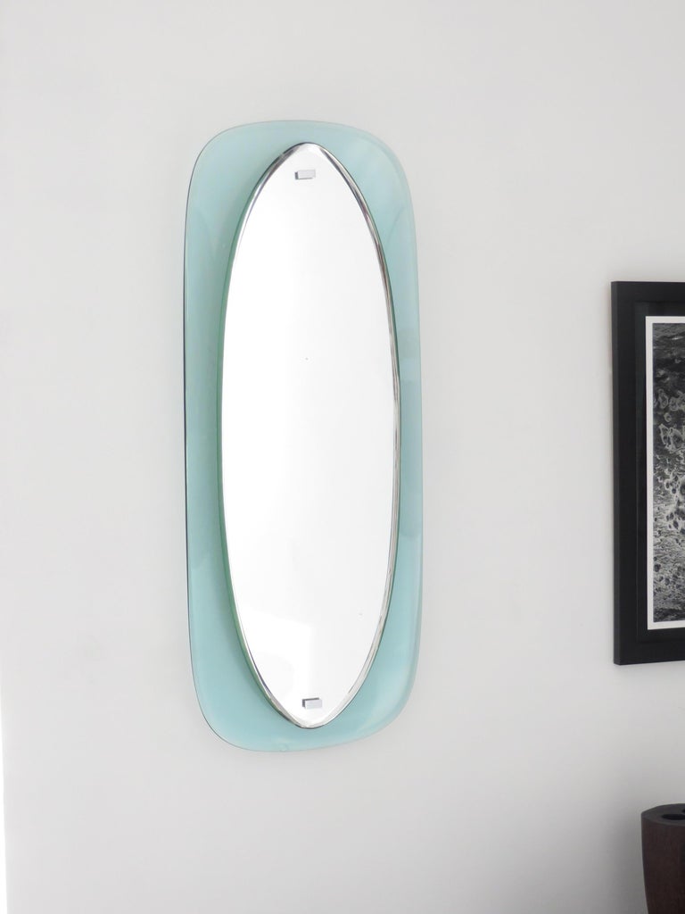 Italian Blue And Clear Glass Floating Faceted Oval Crystal Arte Mirror
