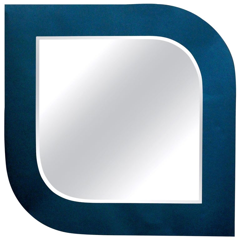 Italian Blue Bordered Midcentury Mirror For Sale at 1stDibs