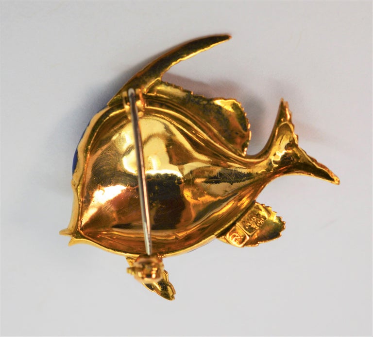 Italian Blue Enamel Yellow Gold Sun Fish Brooch Pin w Ruby Accent For ...