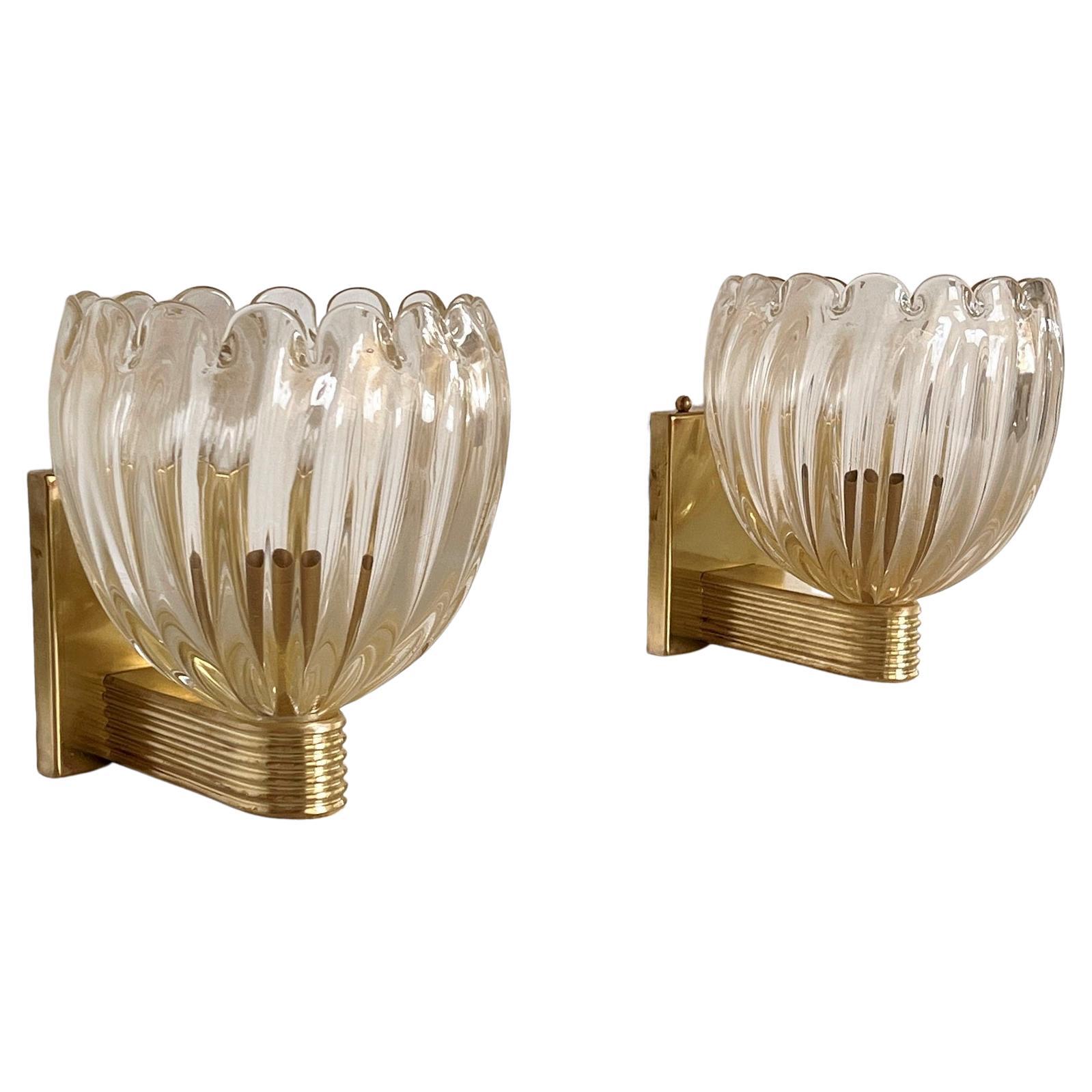 Italian Brass and Murano Glass Wall Lights or Sconces in Art Deco Style ...